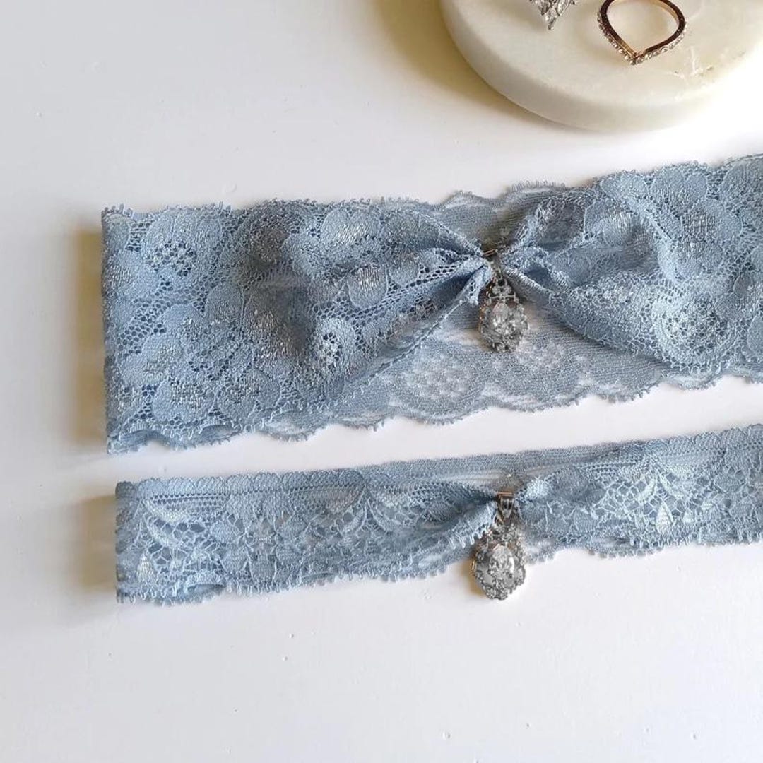 Blue Stretch Lace Wedding Garters, Custom Sized Set for Bride, Keep and ...