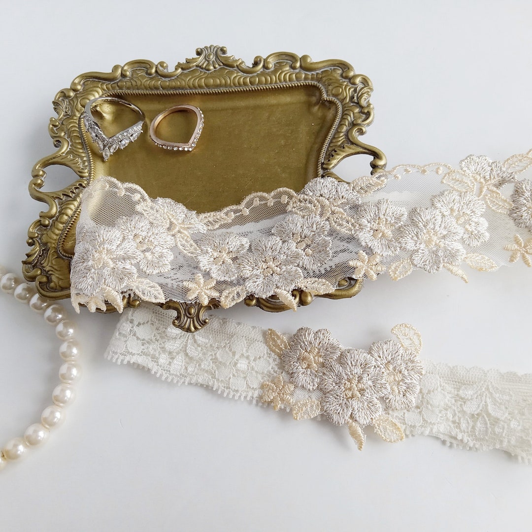 Illusion Wedding Garters in Ivory, Gold and Champagne, Flower Lace ...