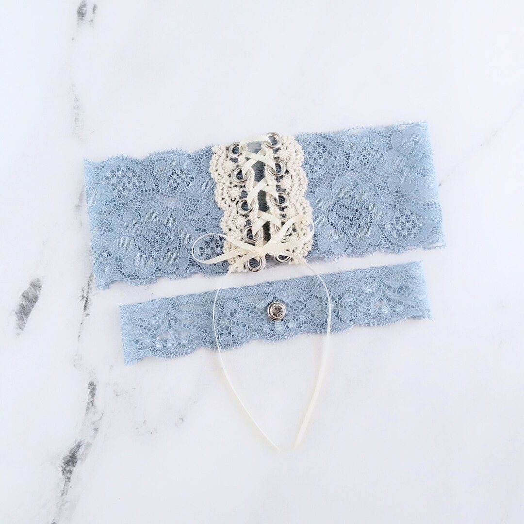 Wedding Garters, Dusty Blue Corset Garter, Blue and Gold Garter ...