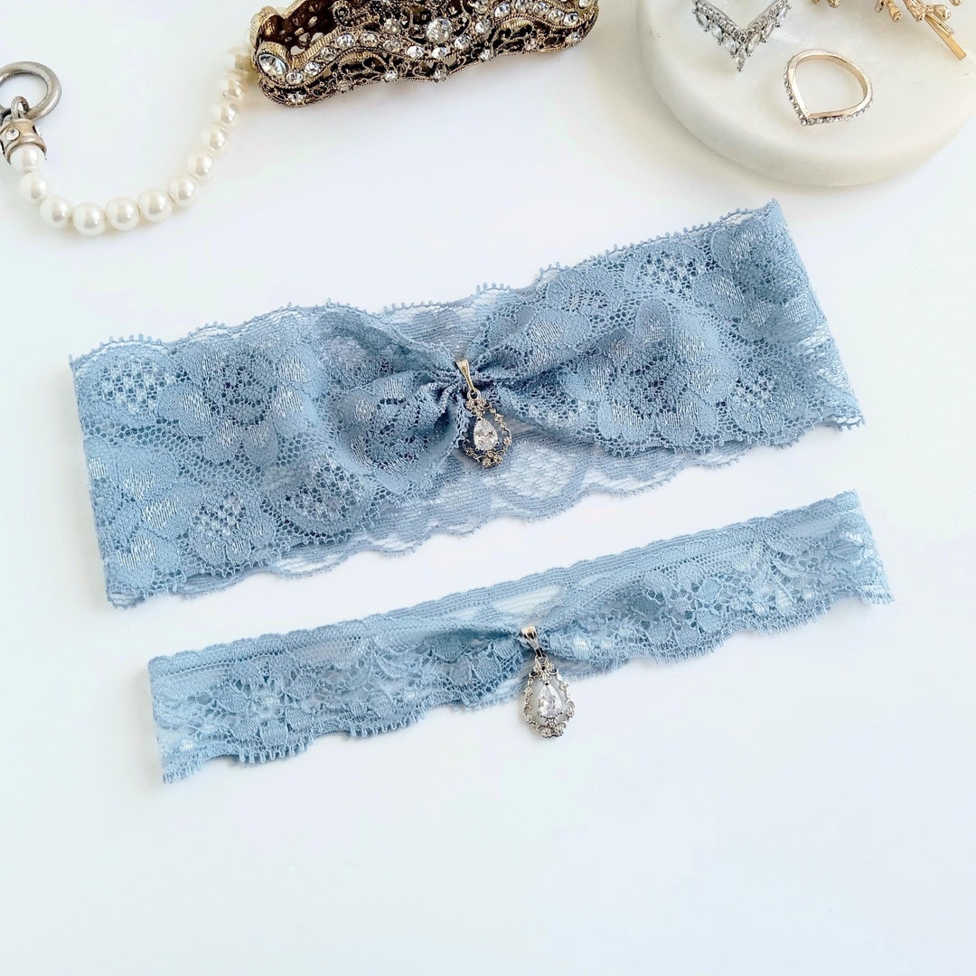 Blue Stretch Lace Wedding Garters, Custom Sized Set for Bride, Keep and ...