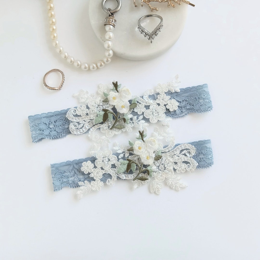 Dusty Blue Bridal Garters for Wedding, Lace Custom Size Set - Etsy