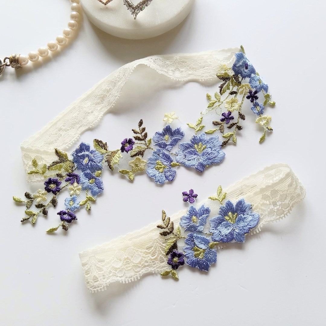 Wildflower Wedding Garter Set, Something Blue Embroidery Keep and Toss ...