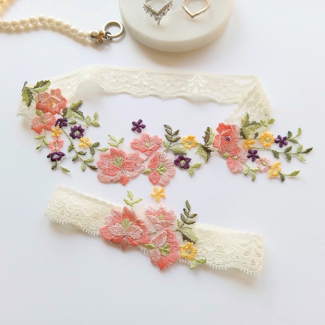 Wildflower Wedding Garter Set, Flower Embroidery Keep and Toss Lace ...