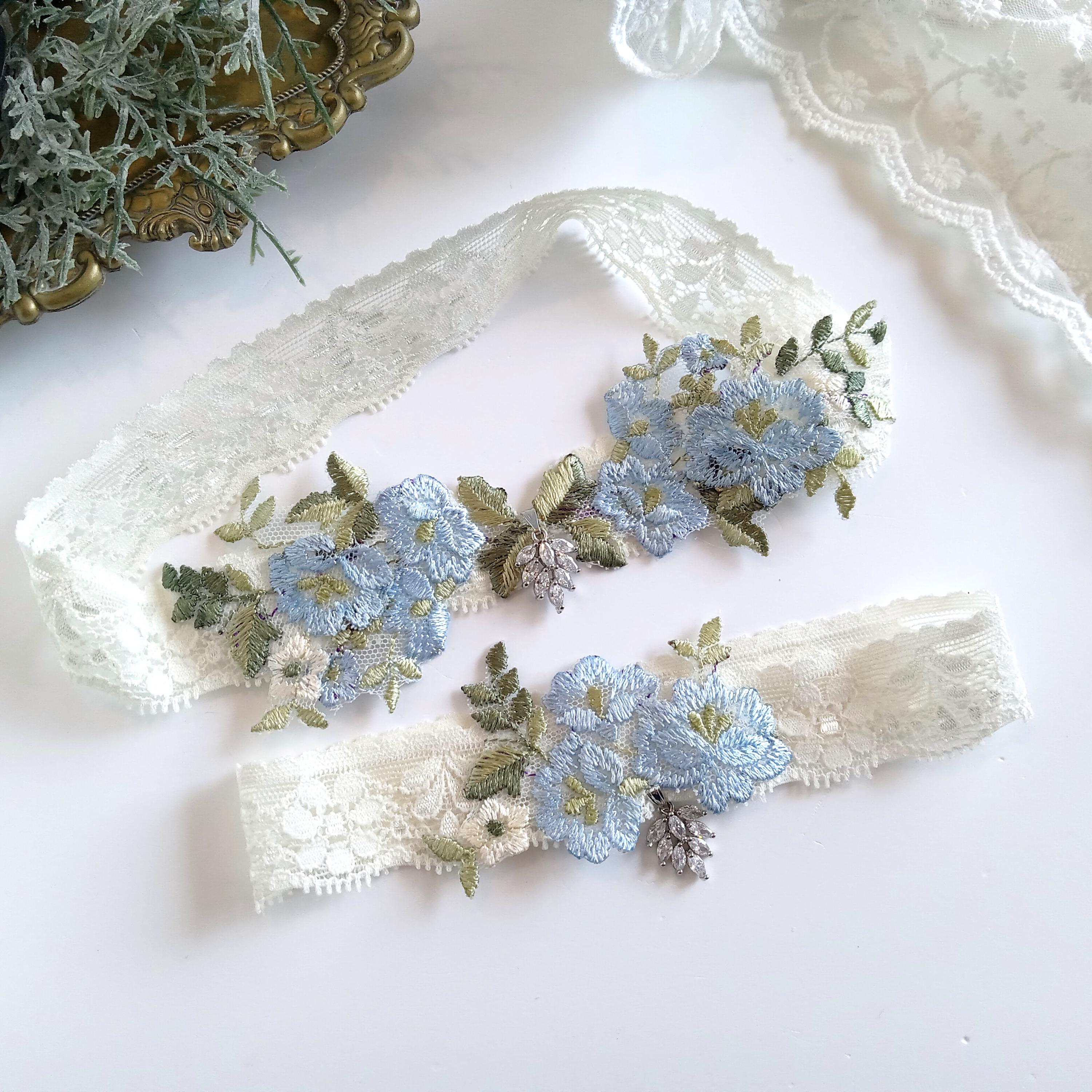 Light Blue Wedding Garters, Ivory Embroidered Single or Set Flower Lace ...