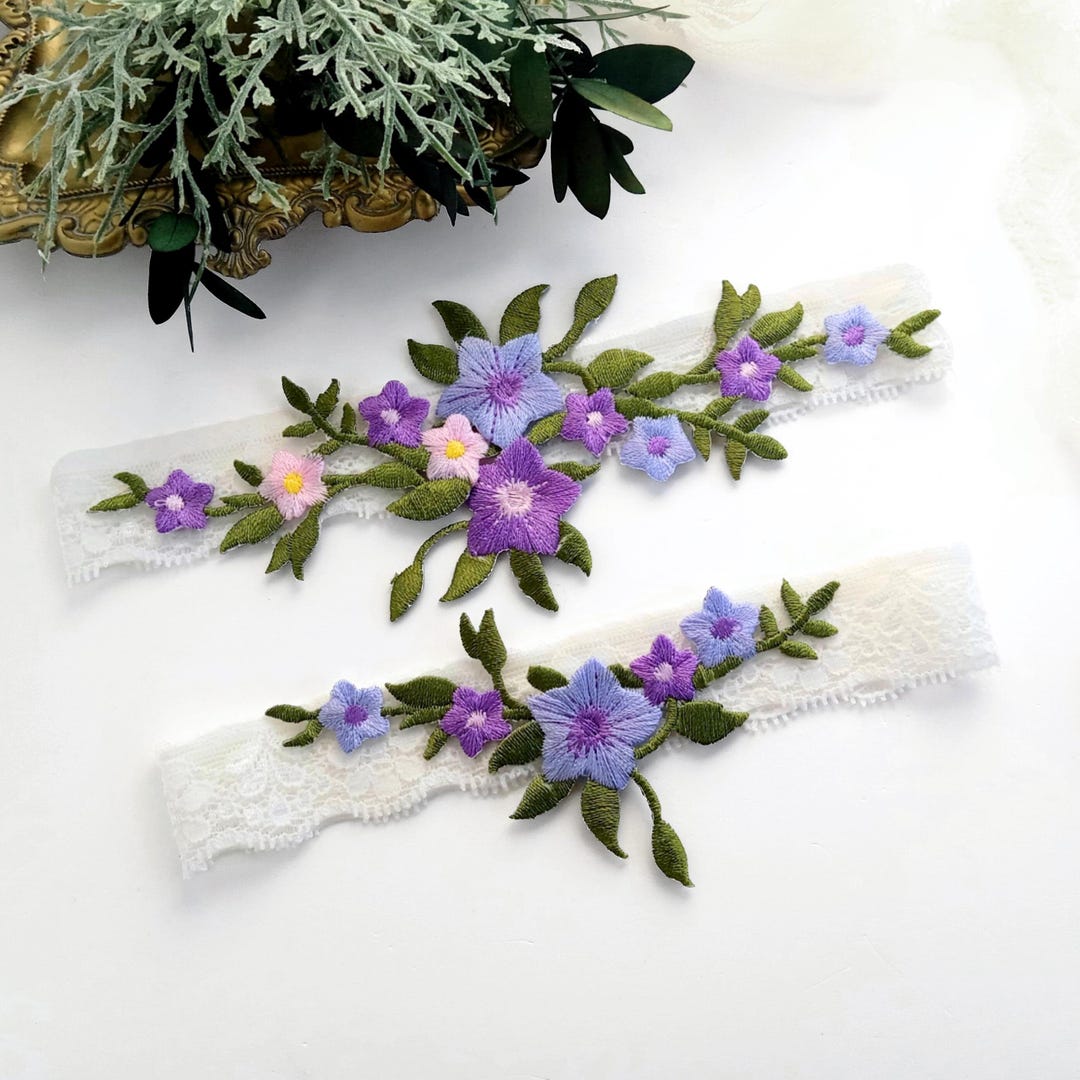 Purple Wedding Garters, Wildflower Embroidery Keep and Toss Set for ...