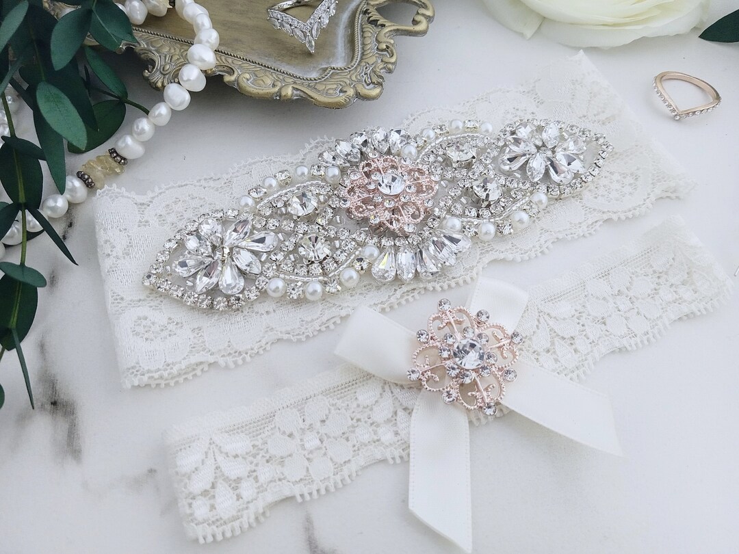Silver and Rose Gold Wedding Garter Set, Garter for Bride, Wedding ...