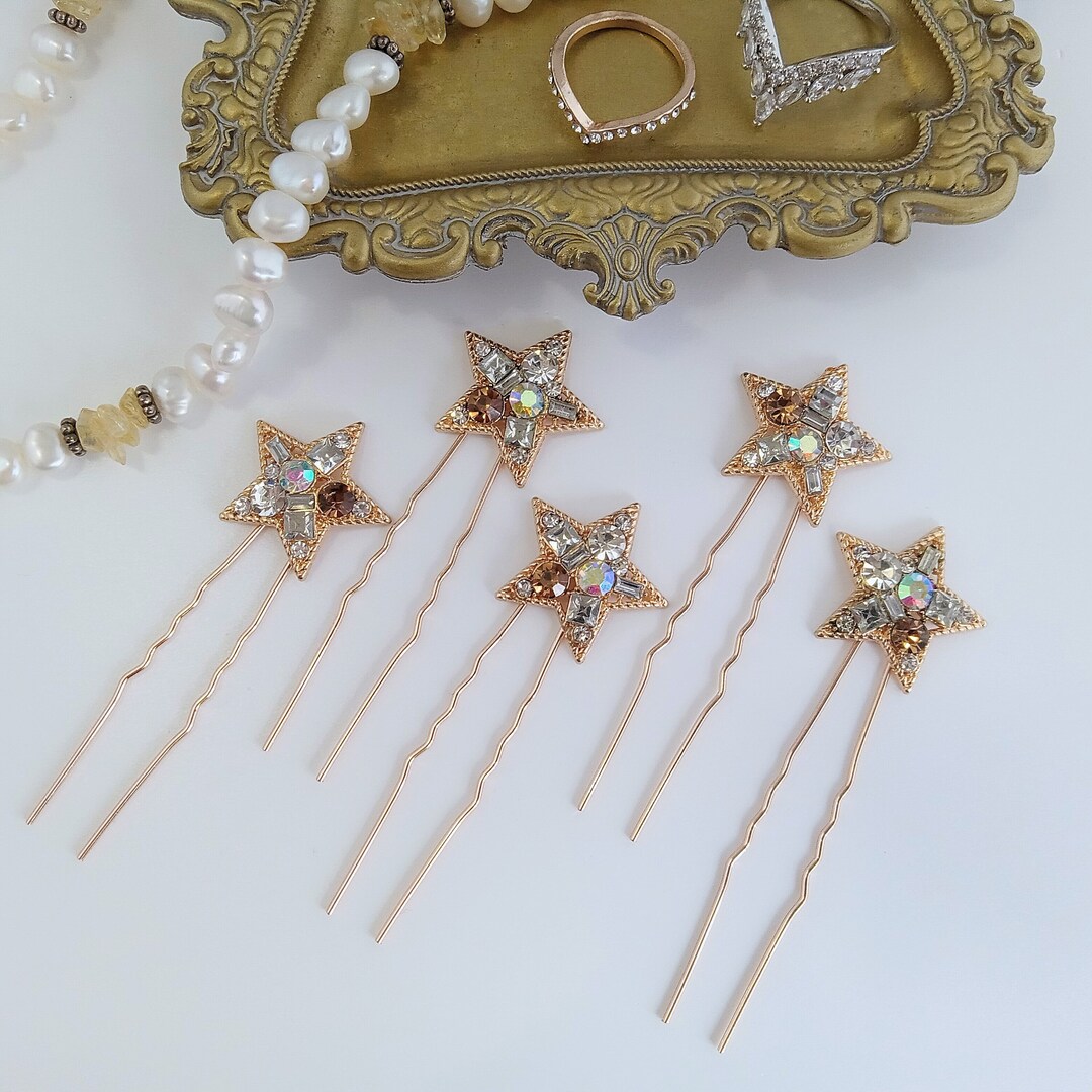 Gold Star Hair Pins Set, Crystal Rhinestone Clips, Bridal Celestial ...