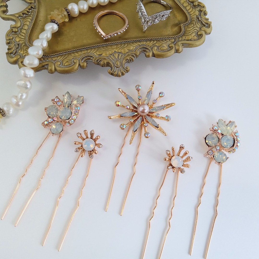 Gold Opal Hair Pin Set, Stars Wedding Hair Pins, Crystal Rhinestone ...
