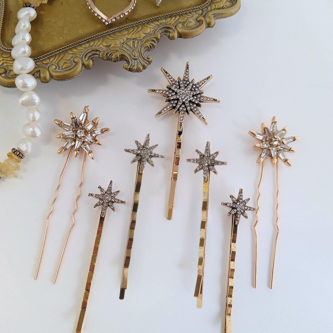 Star Hair Pins, Set of 7, Gold Wedding Hair Pins, Crystal Rhinestone ...