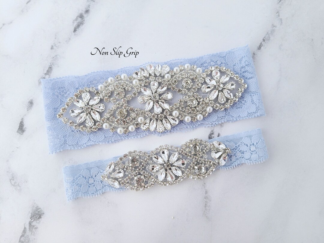 Blue Wedding Garter, Light Blue Stretch Lace Bridal Garter, Crystal ...