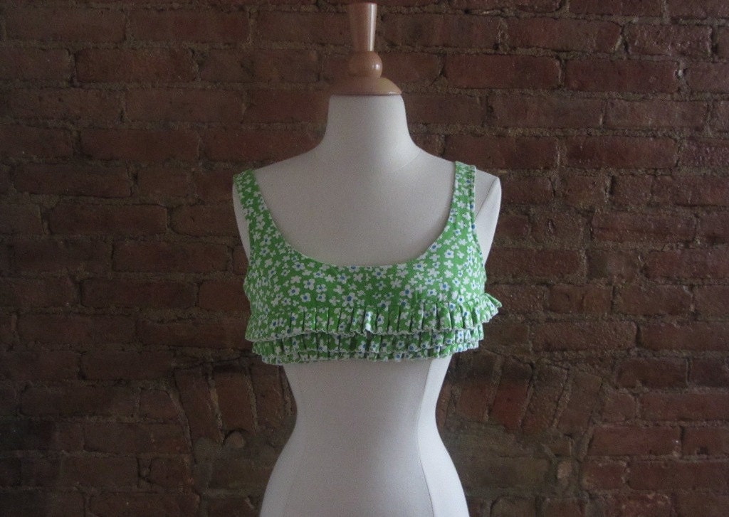 1960s Lime Green Floral Ruffle Sun Top | 60s Mid Century Mod Gidget - Etsy