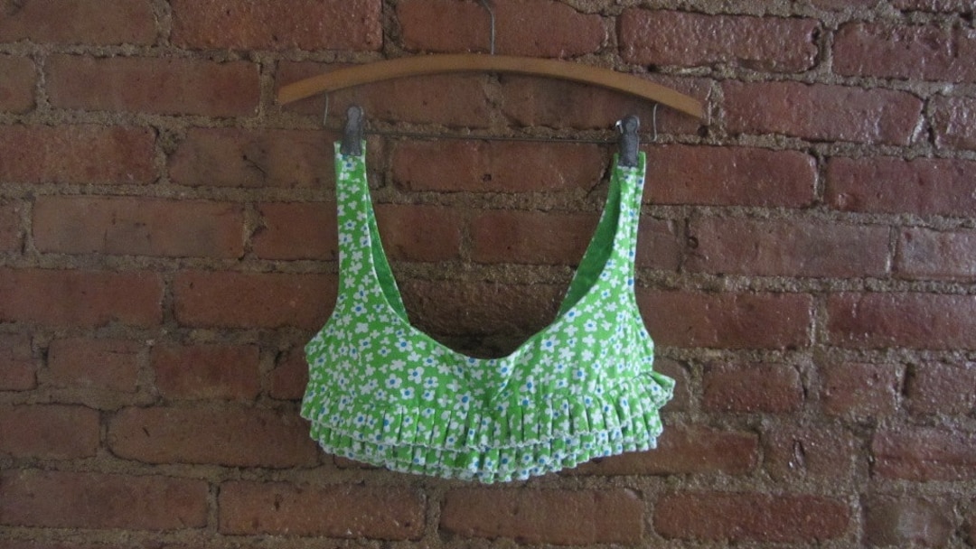 1960s Lime Green Floral Ruffle Sun Top | 60s Mid Century Mod Gidget - Etsy