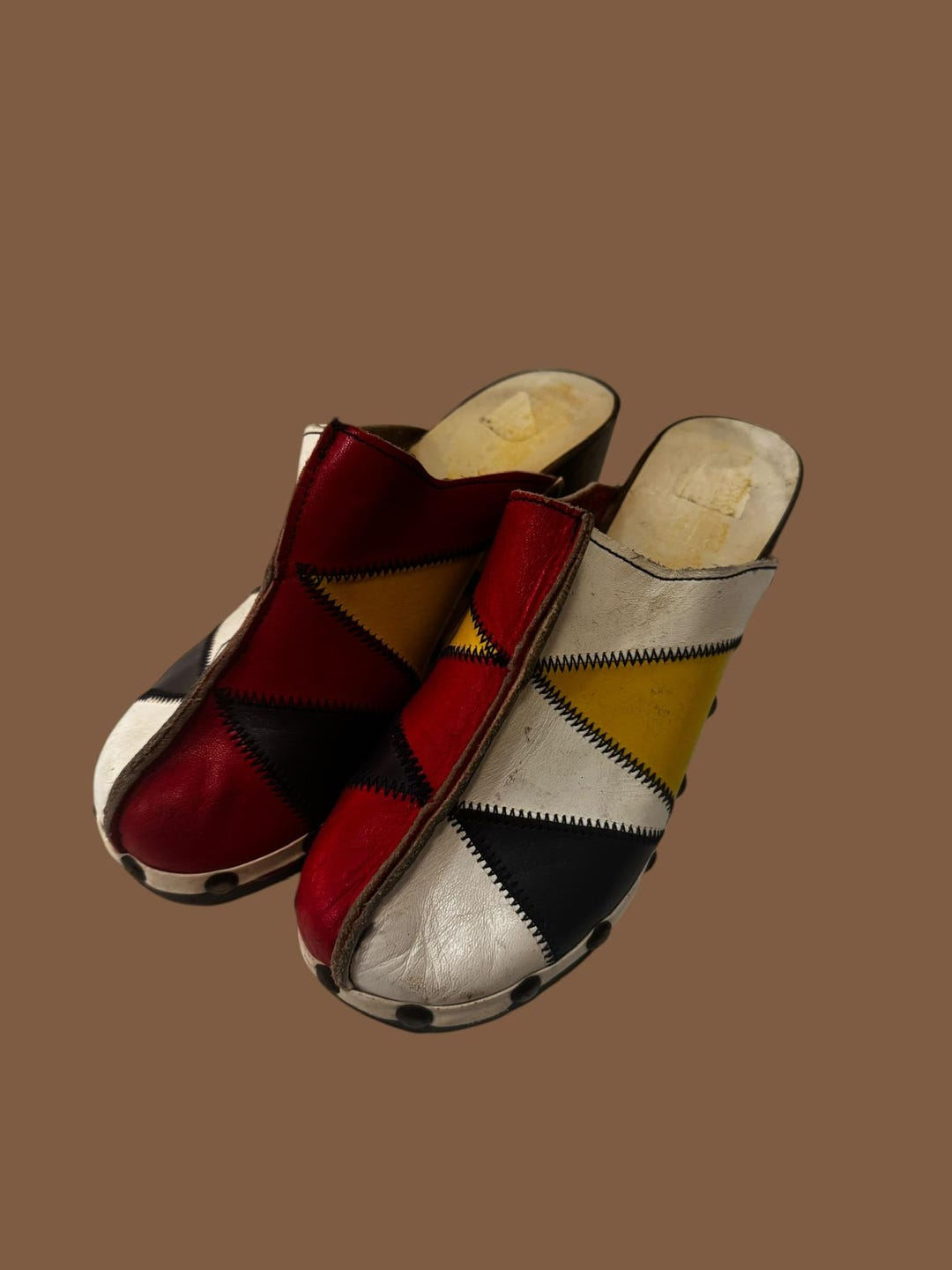 1970s Multi Colored Patchwork Leather Clogs | 70's Boho Hippie - Etsy
