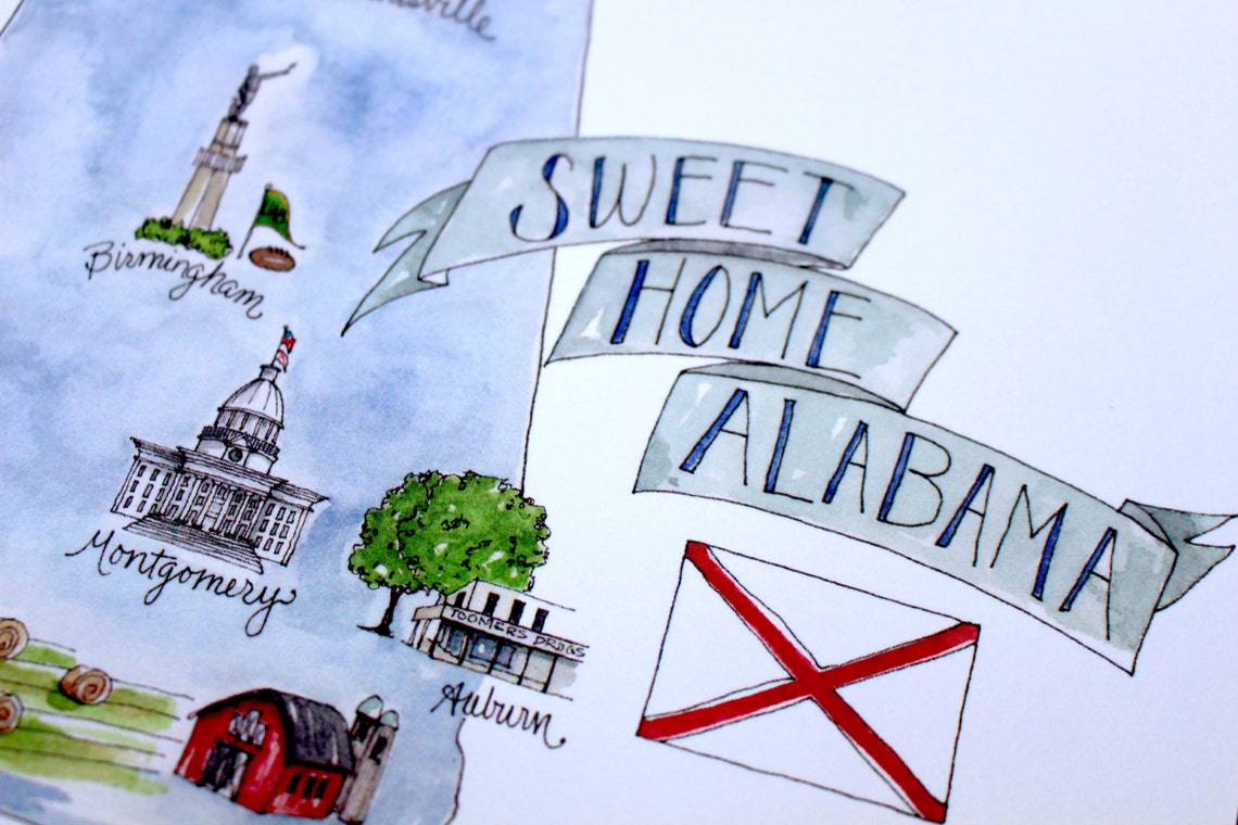 State of Alabama Print 7x7 Watercolor Print - Etsy