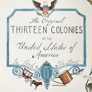 Watercolor Map Print: Original 13 Colonies, Illustrated Homeschool Art ...