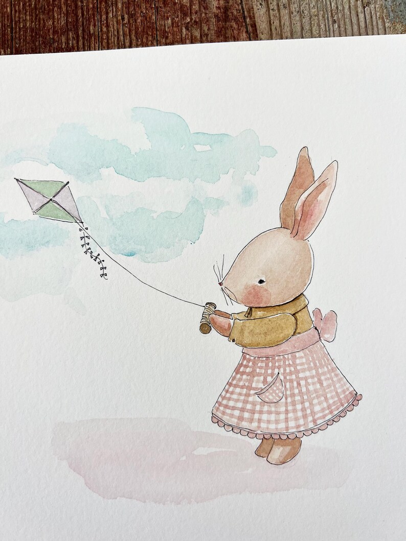 Bunny Watercolor Print: Flying Kite, Children's Room Decor - Etsy
