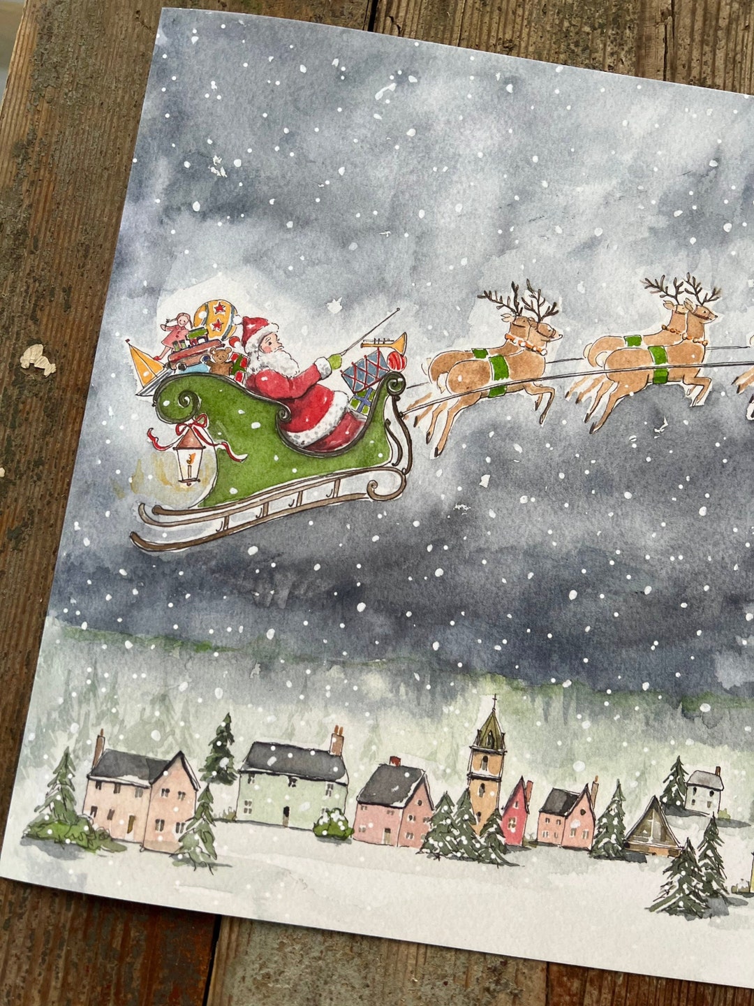 Christmas Print - Santa Claus and Reindeer - Watercolor - Rudolph the ...