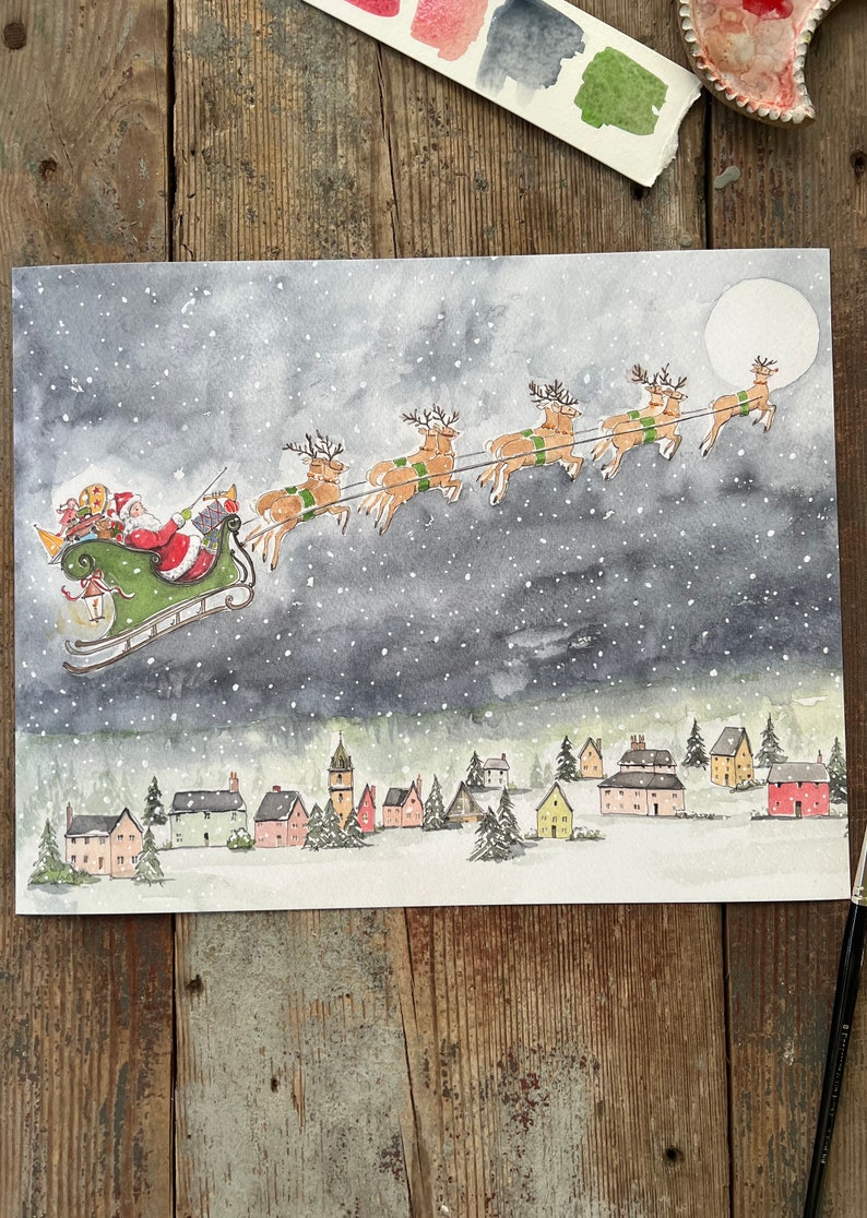 Watercolor Christmas Print: Santa's Sleigh Over Village (8x10 or 11x14 ...