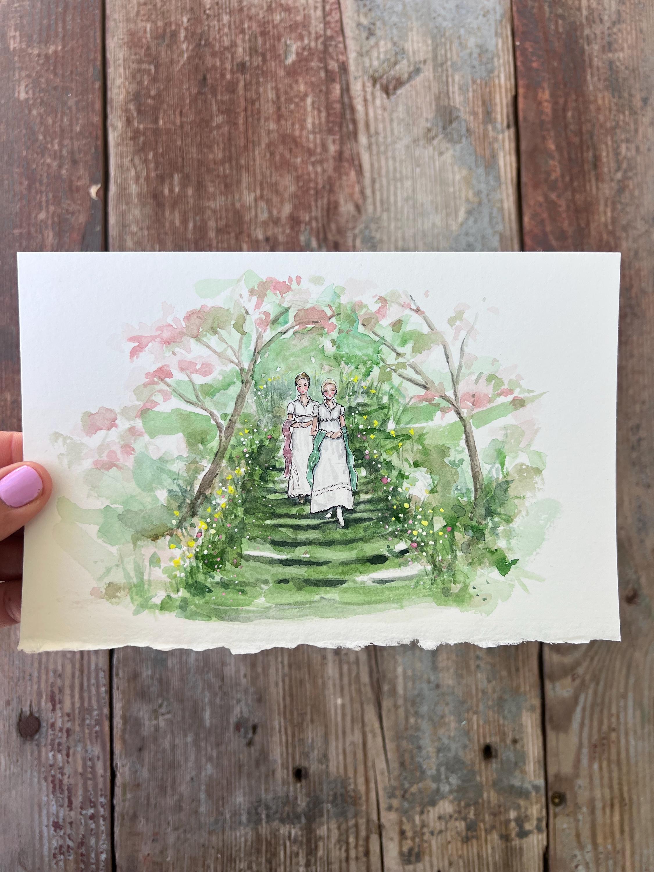 Original Jane Austen Watercolor Painting - Emma Walking Down the Garden ...
