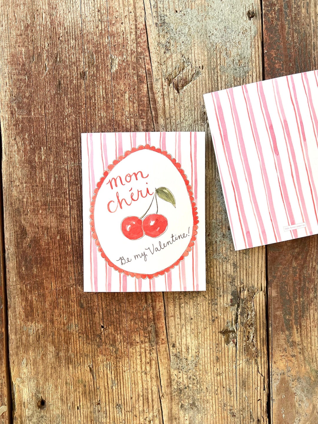 Mon Cheri Valentine Card: Watercolor Cherry Illustration, Frenchy Note ...