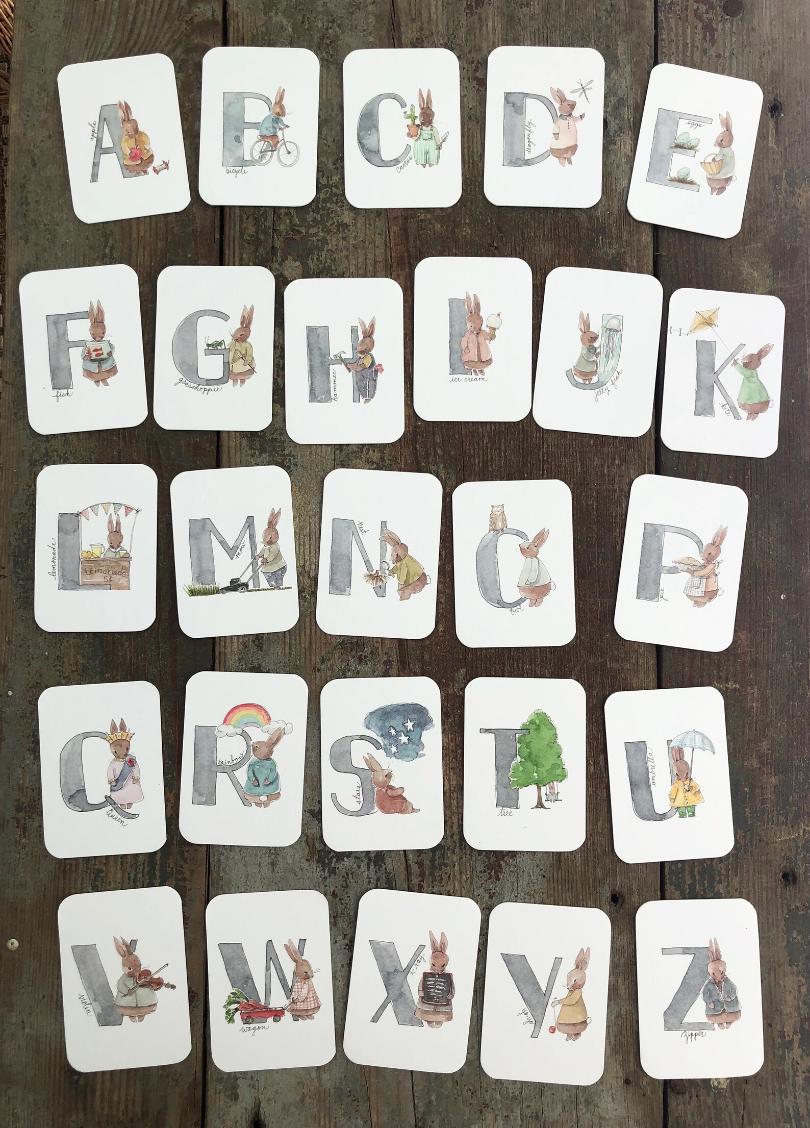 Abc's Alphabet Flash Cards Petite Watercolor Bunny - Etsy