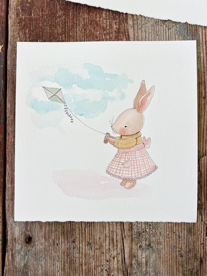 Bunny Watercolor Print: Flying Kite, Children's Room Decor - Etsy