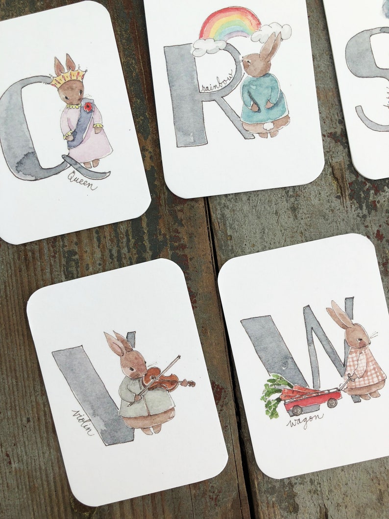 Abc's Alphabet Flash Cards Petite Watercolor Bunny | Etsy