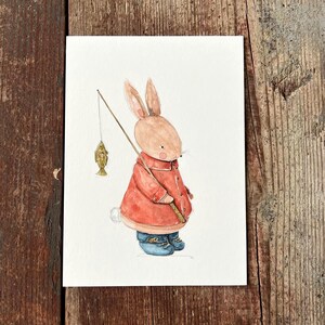 Original Watercolor and Graphite Sketch Bunny Fishing Painting No. 1 ...