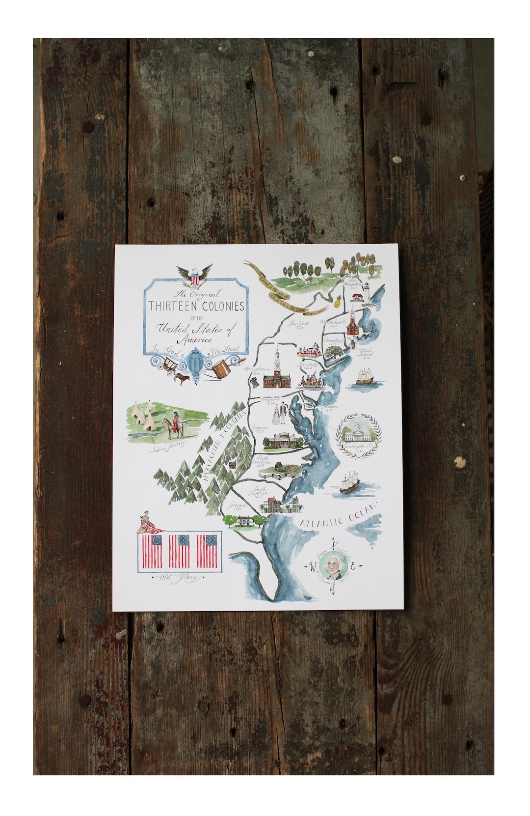 Watercolor Map Print: Original 13 Colonies, Illustrated Homeschool Art ...