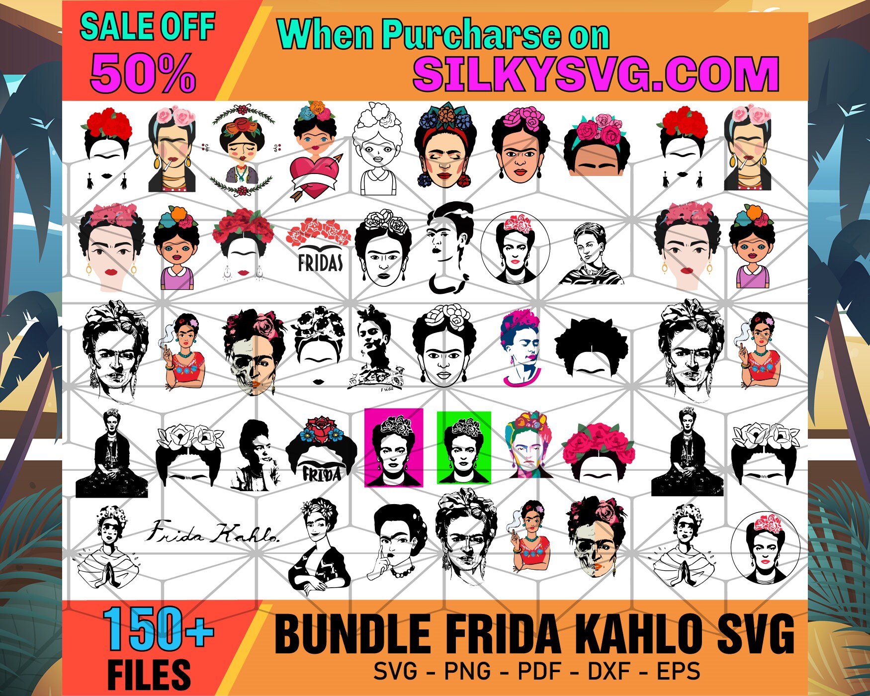 150 Frida Kahlo Bundle Svg Frida Kahlo Faces Svg Viva La - Etsy
