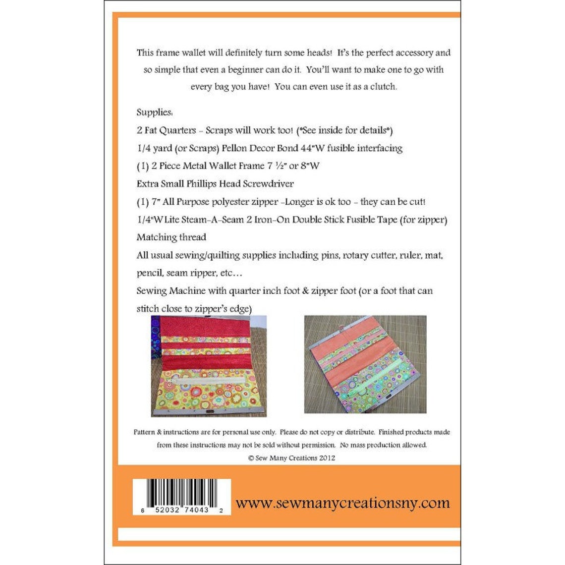 Diva Frame Wallet Pattern by Sew Many Creations Fat Quarter - Etsy