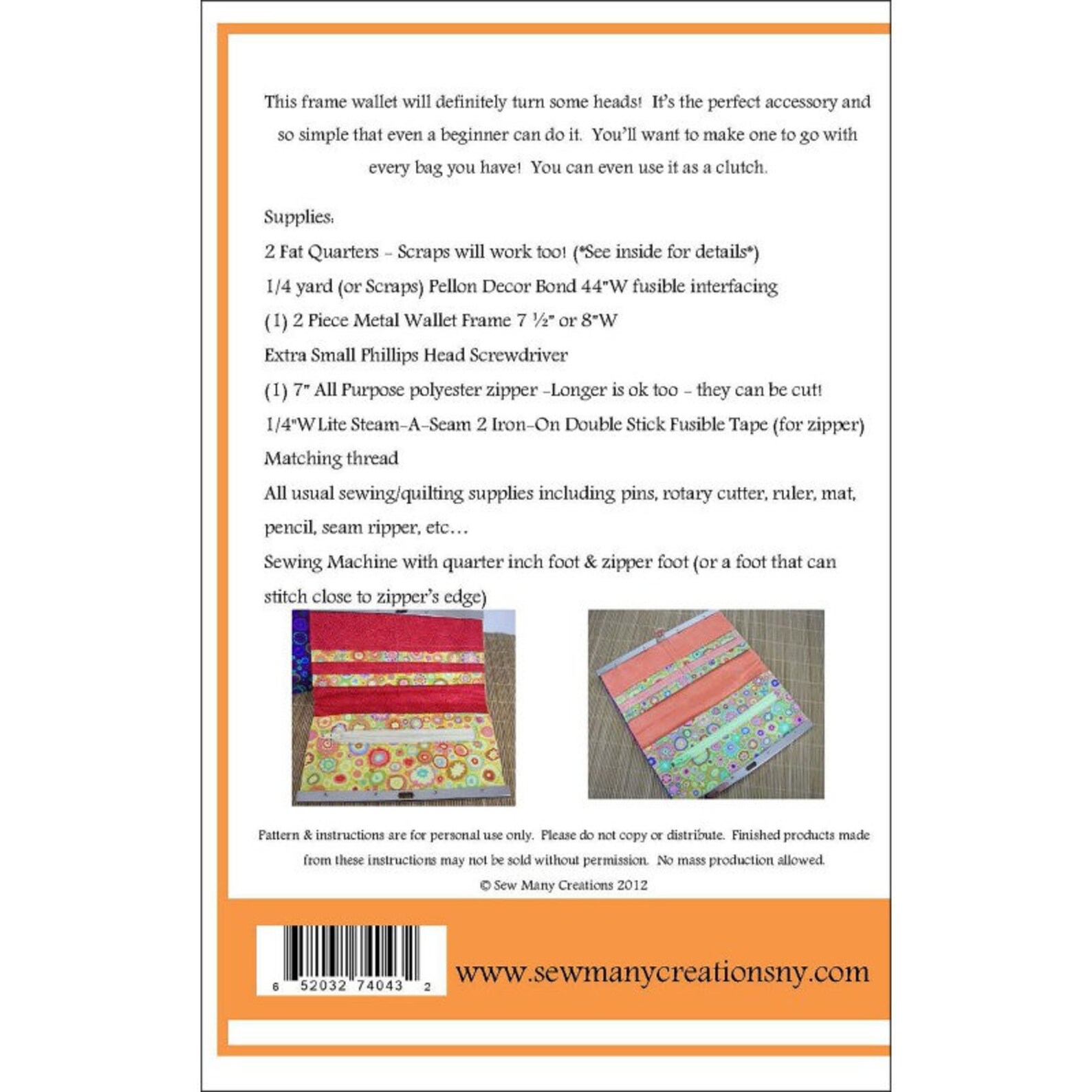 Diva Frame Wallet Pattern by Sew Many Creations Fat Quarter - Etsy