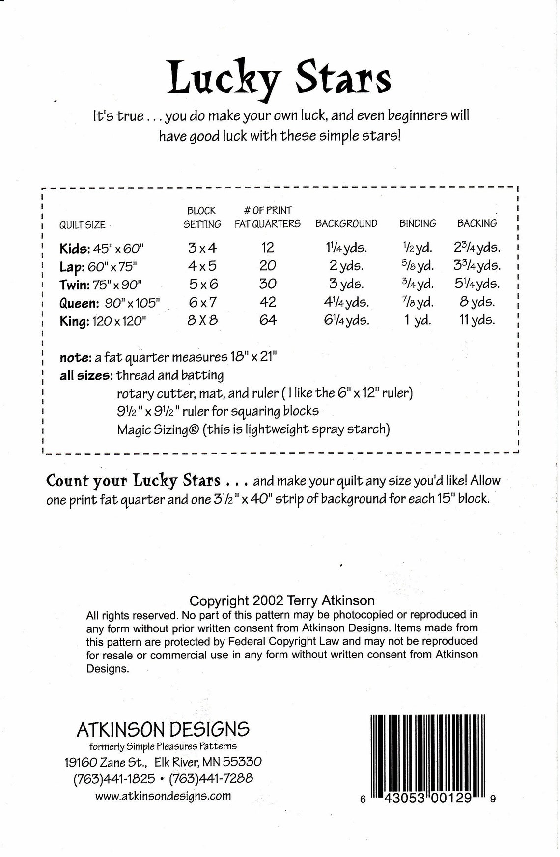 Lucky Stars Quilt Pattern by Atkinson Designs Fat Quarter - Etsy