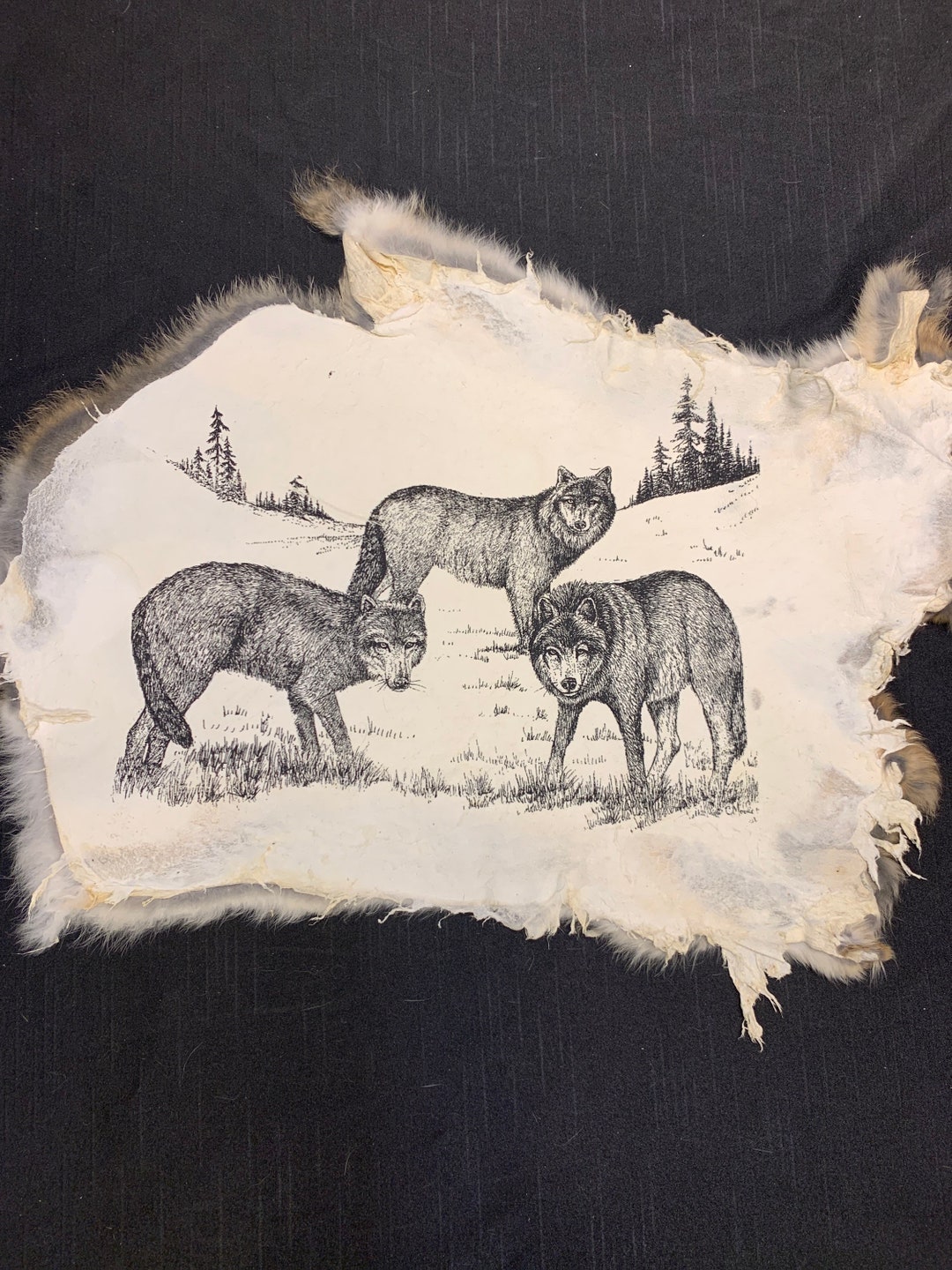 Rabbit Skin Pelt With "wolves” Image Screen Printed One Side. the Fur ...