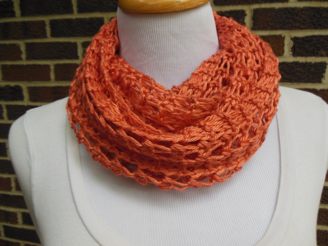 Persimmon Rust Orange Infinity Scarf Hand Knit Lacy Light | Etsy