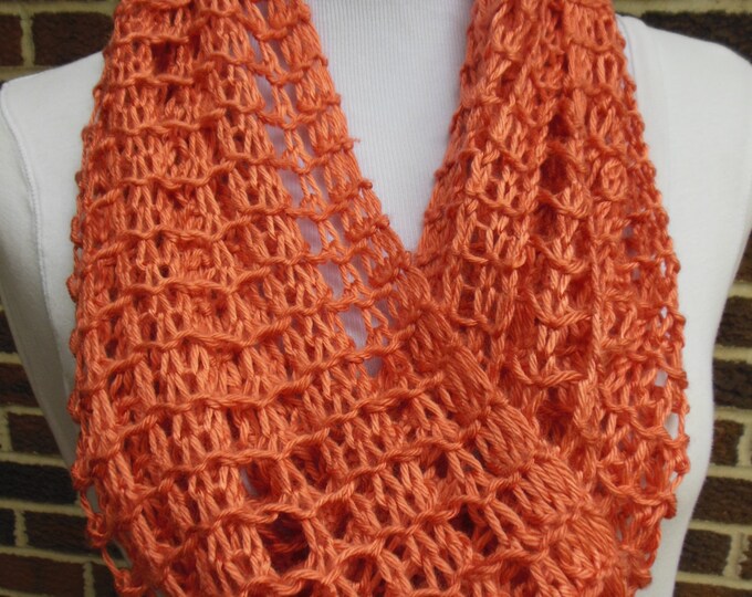 Persimmon Rust Orange Infinity Scarf Hand Knit Lacy Light Weight Open ...