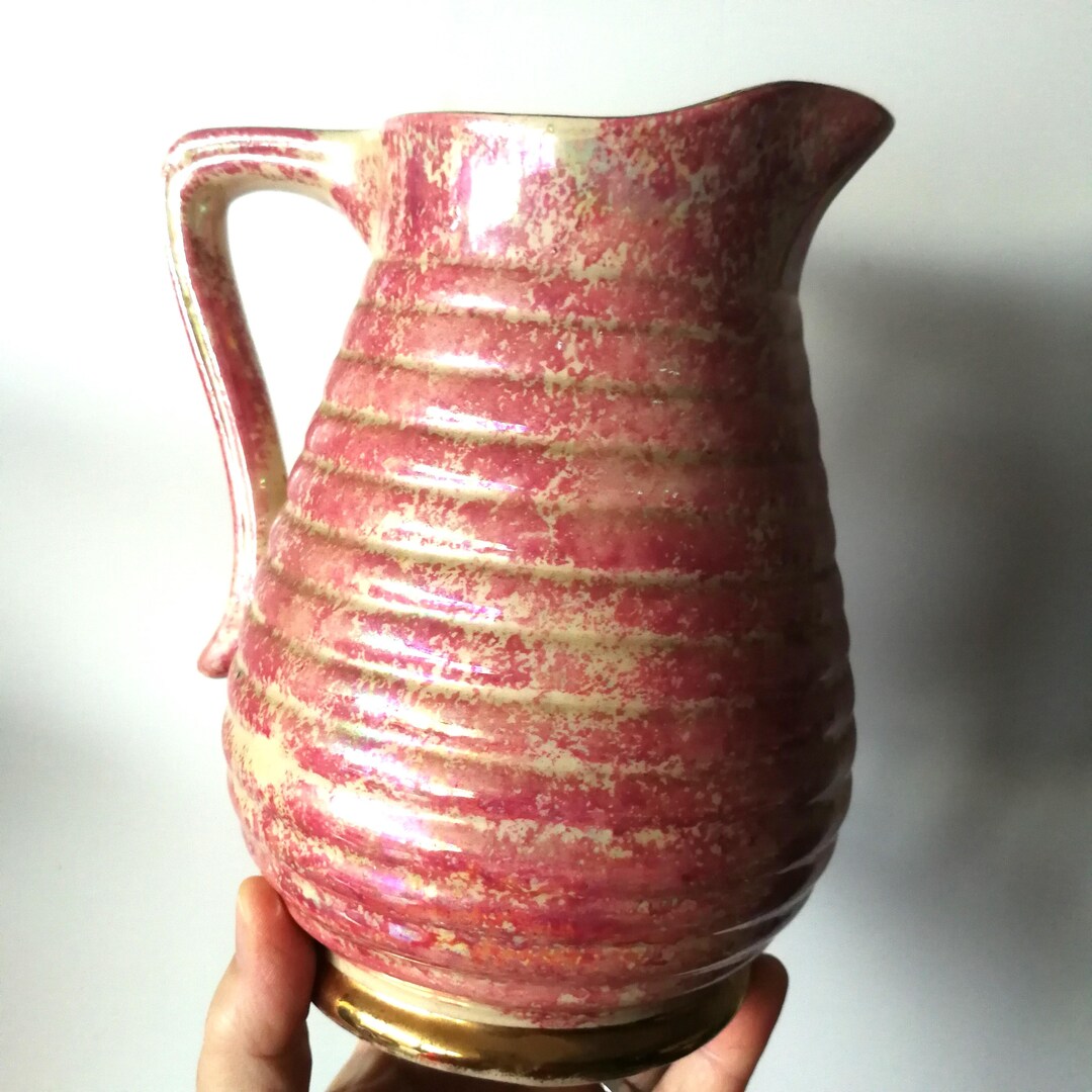 Vintage 40s Art Deco Ribbed Sponge Ware Pink Mottled Glaze Pottery Jug ...