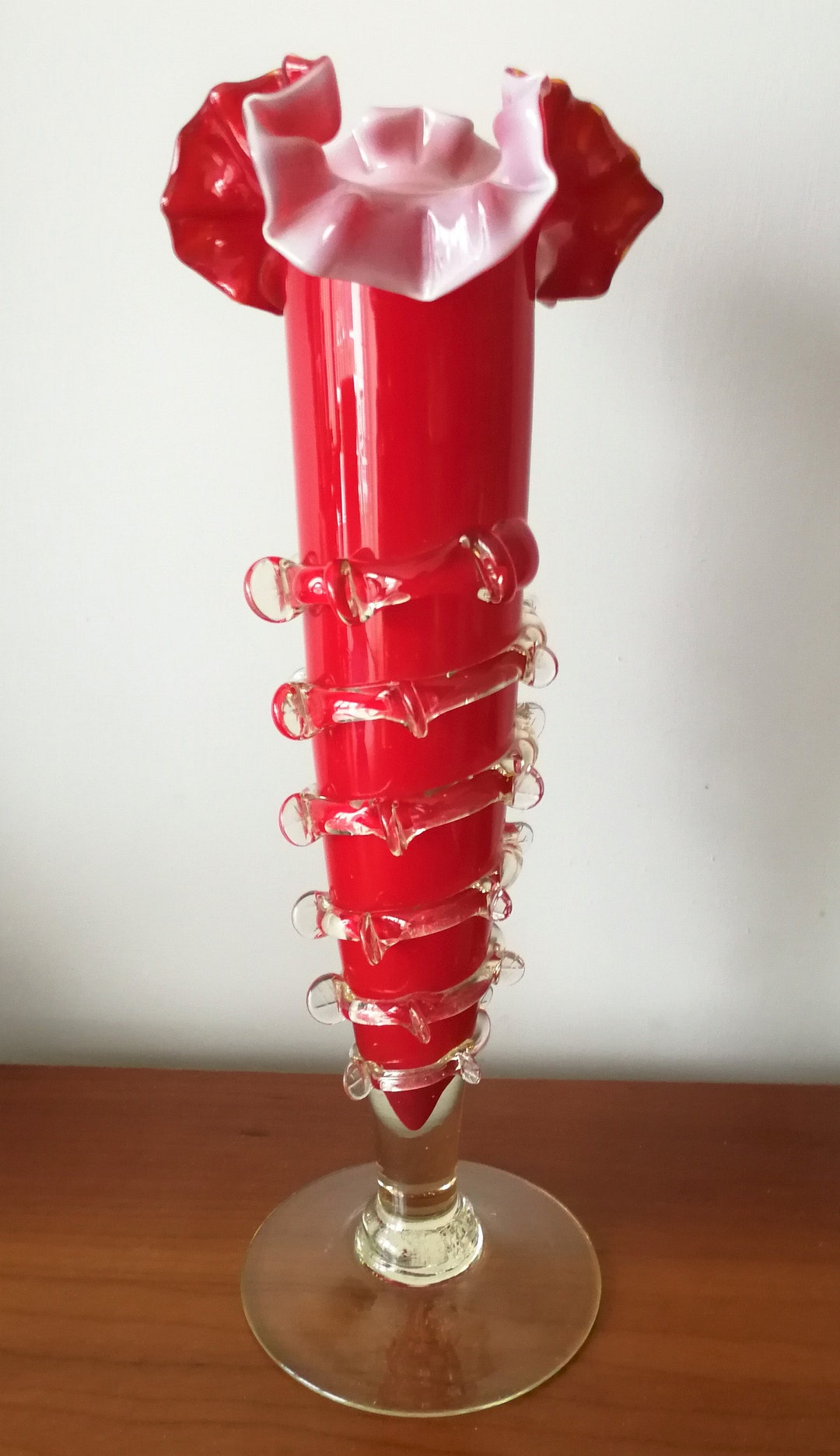 Vintage Red Twisted Stem Glass Vase, Red Twist Wrap Vase, Red Glass ...