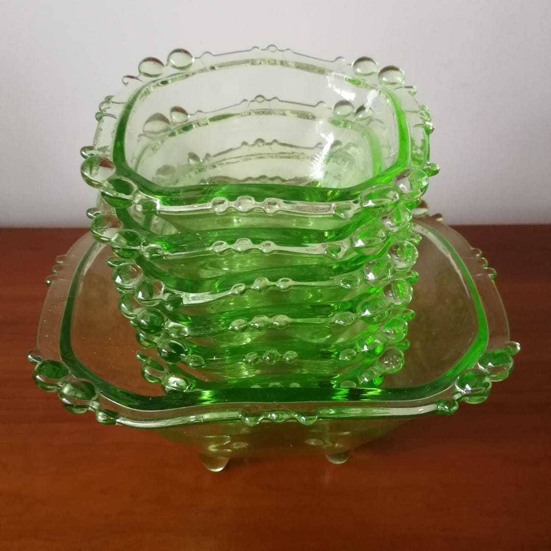 Seven Pretty Vintage Uranium Vaseline Green Glass Dishes Art Deco ...