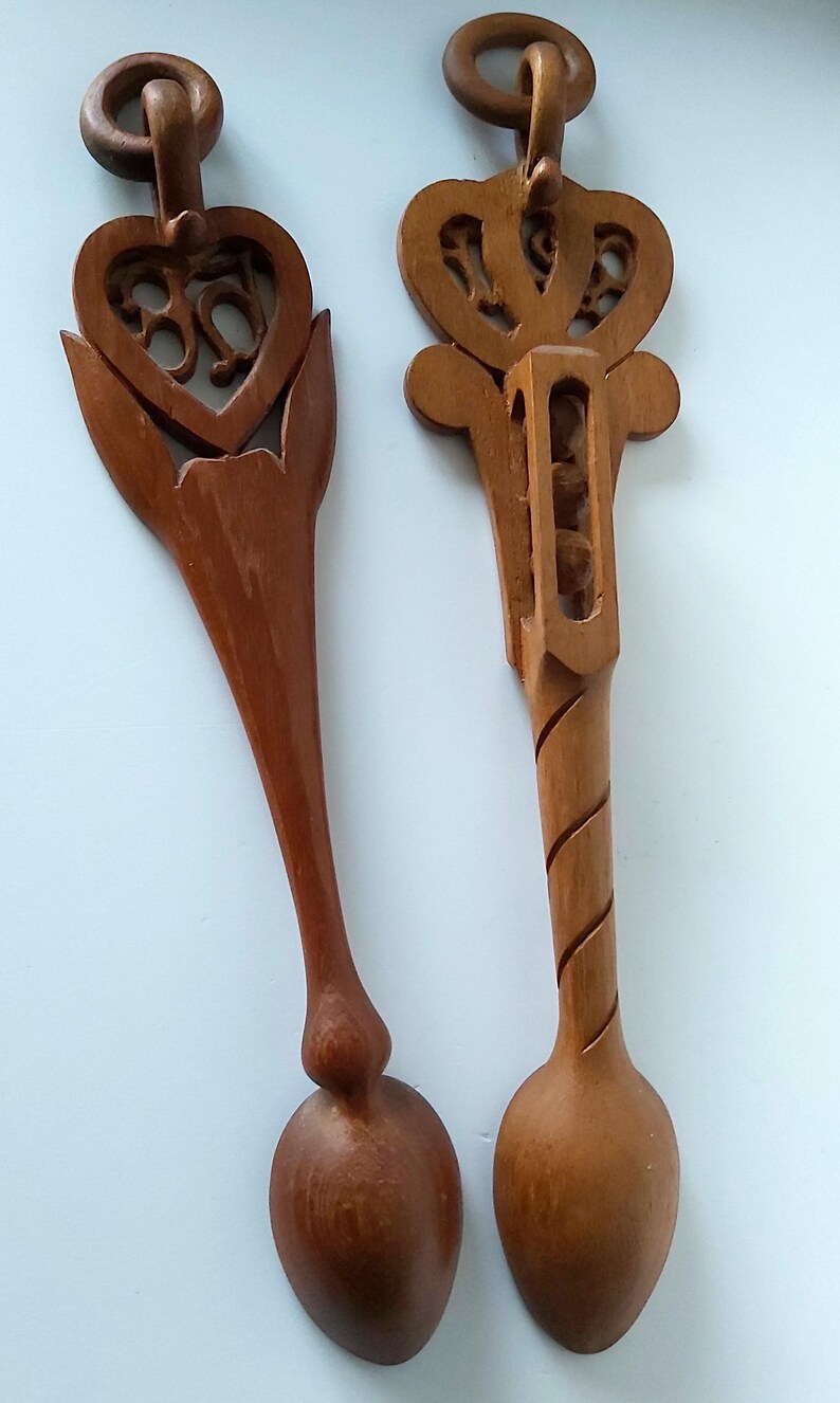 Pair of Large Vintage Hand Carved Welsh Love Spoons - Etsy