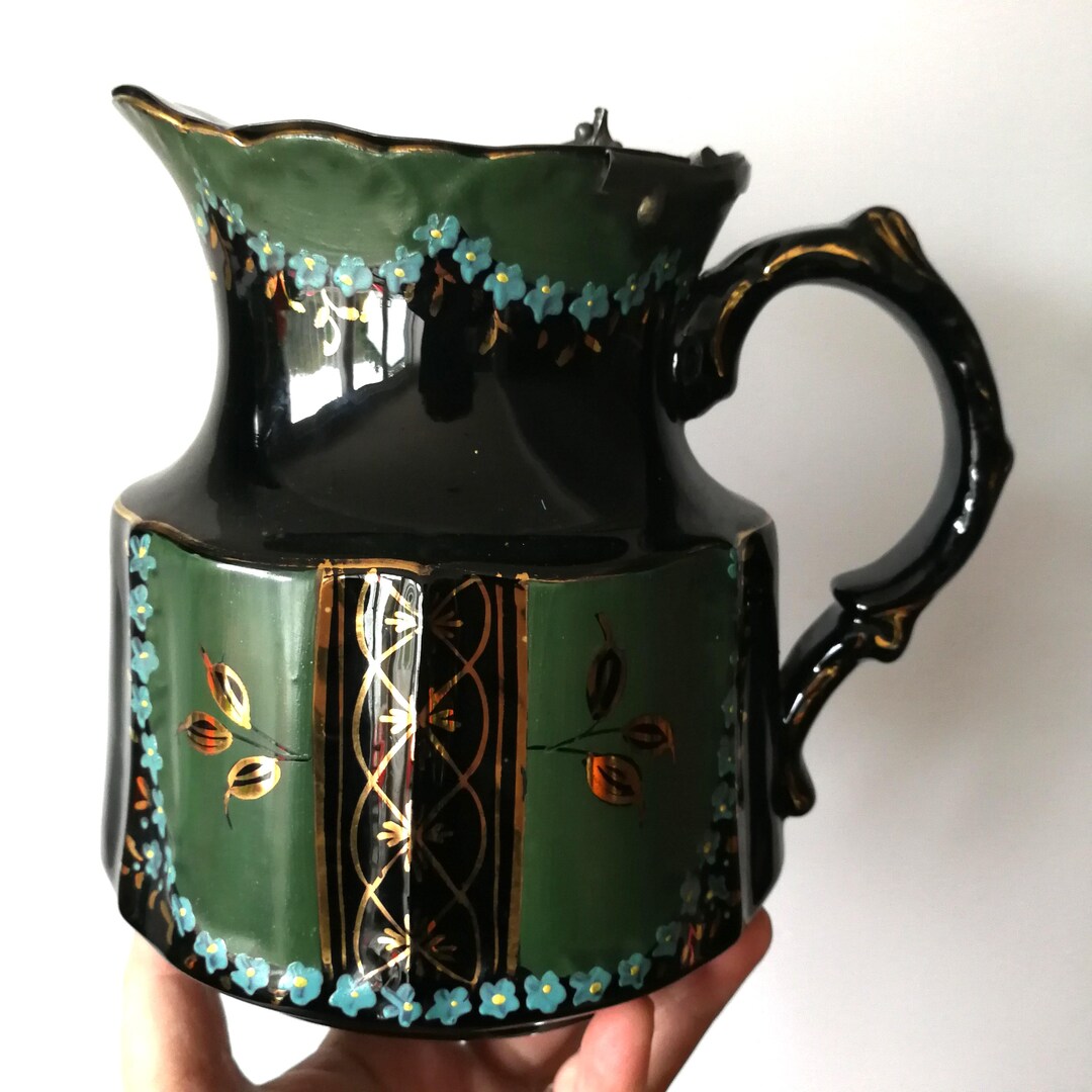 Antique Victorian Gilded and Hand Enamelled Jackfield Black Pot With ...