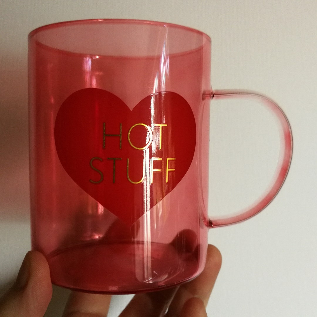 Pink Glass Mug Hot Stuff Love Heart Gold Writing - Etsy