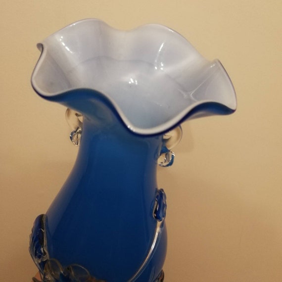 Large Vintage Retro Blue Glass Vase With Applied Floral - Etsy