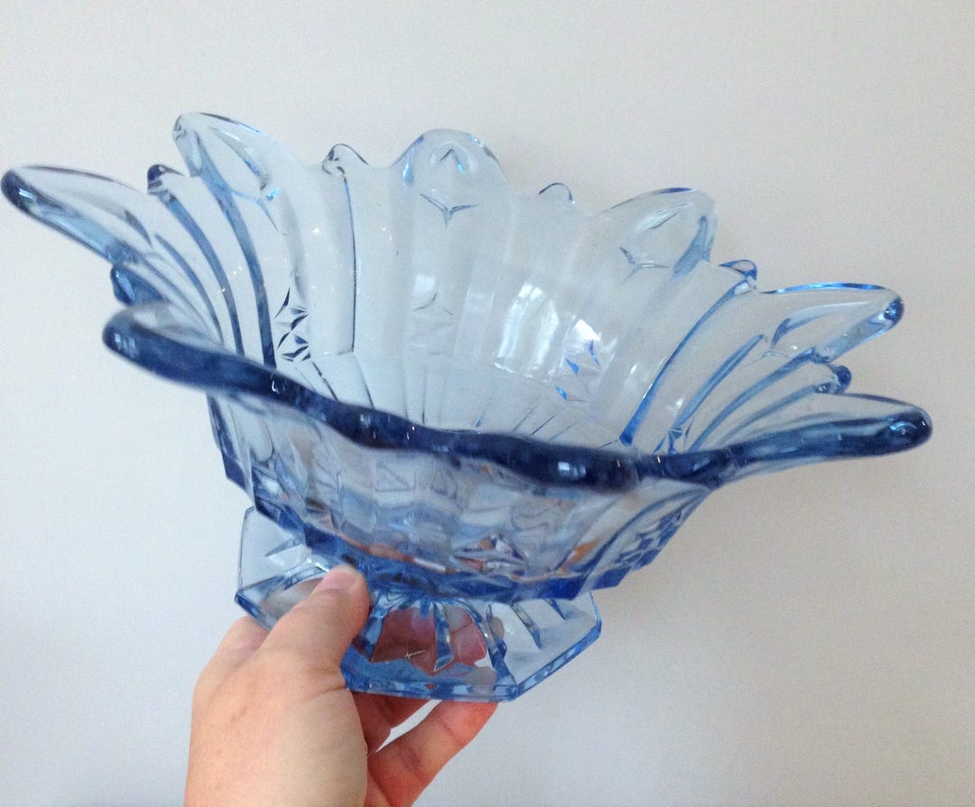 Striking Sowerby Art Deco Vintage Depression Blue Glass Fruit Bowl - No ...