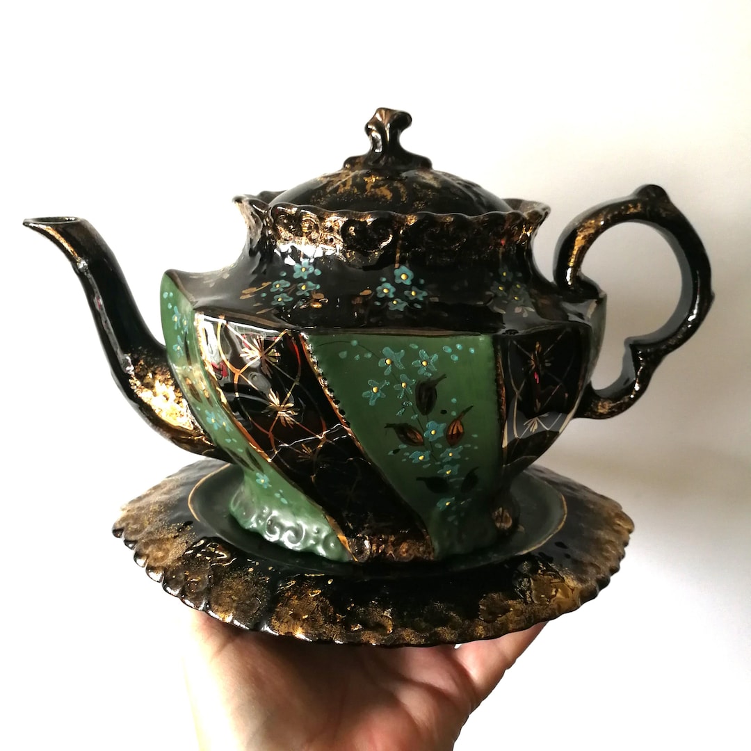 Antique Victorian Gilded and Hand Enamelled Jackfield Black Teapot and ...