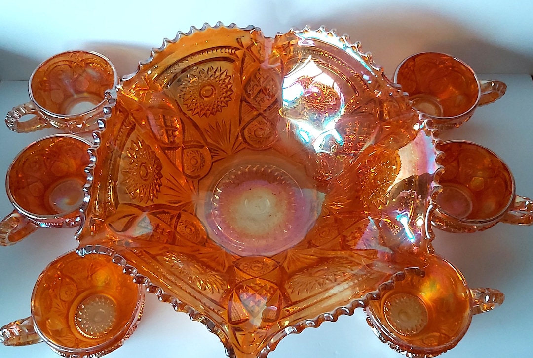 Vintage Marigold Carnival Glass Punch Bowl Set by Imperial Glass ...