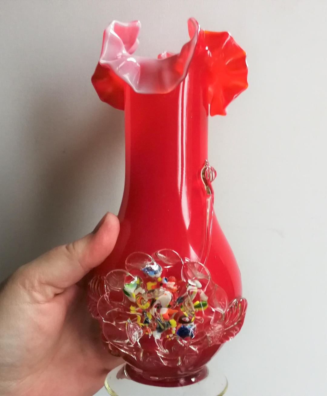 Vintage Red Glass Vase: Applied Floral Decoration, Frilly Ruffle Top - Etsy
