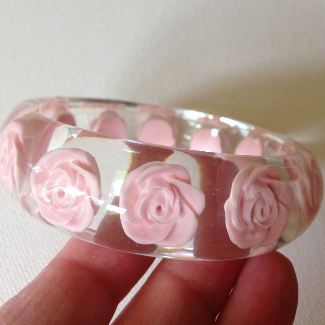 Bangle - Chunky Funky Clear Plastic With Pale Pink Roses Bangle Retro ...