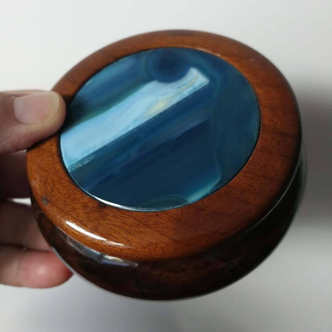 Handmade Wooden Trinket Box With Blue Agate Inlay Retro From Brazil ...