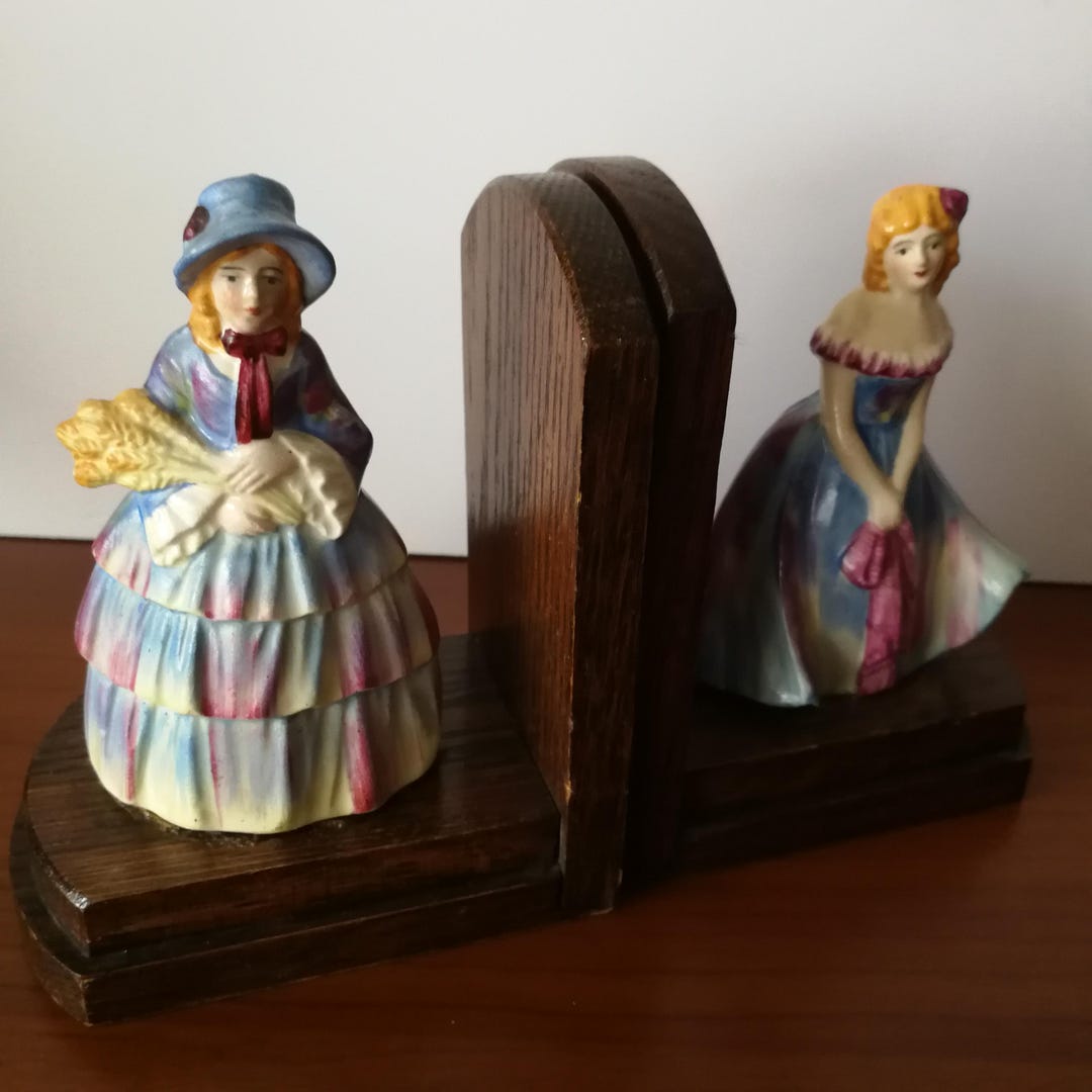 Delightful Vintage Wood Bookends With Charming China Crinoline Lady ...